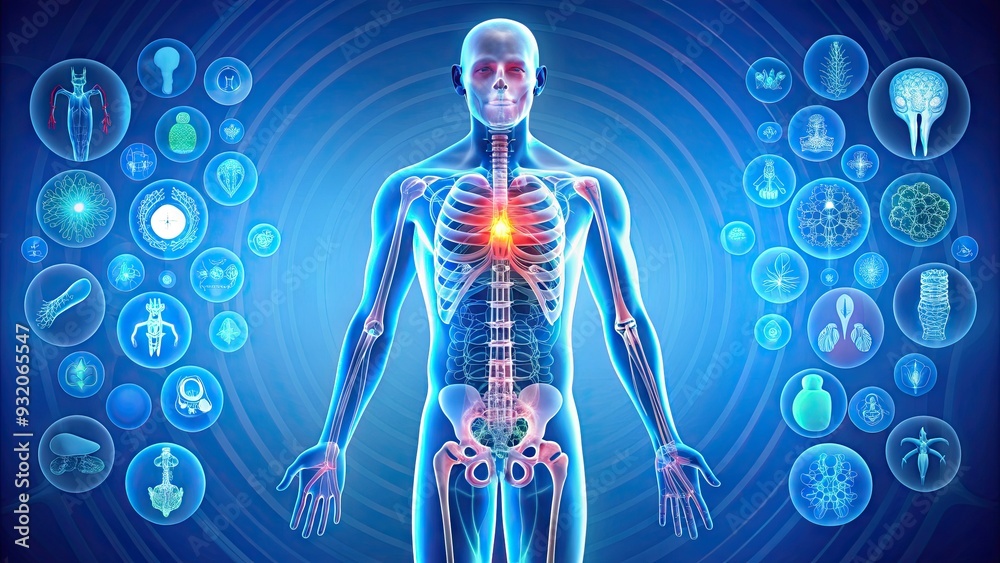 Detailed illustration of human body organs and medical symbols on a ...