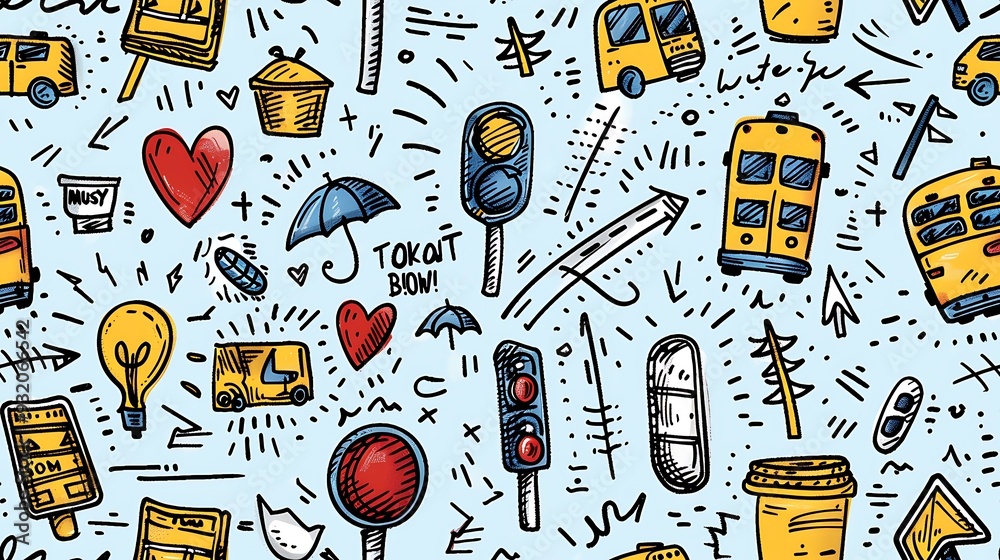 A seamless pattern showcasing doodles of yellow school buses, bus stop ...
