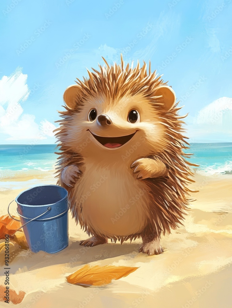 Happy Hedgehog on the Beach with a Bucket - A cheerful hedgehog with a ...