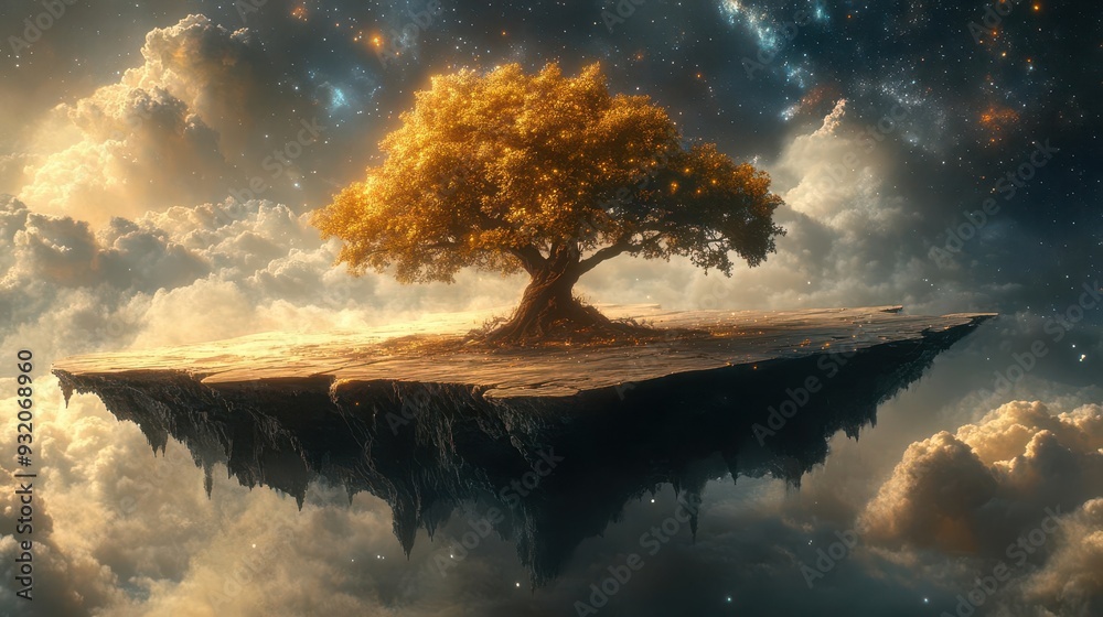 ancient tree growing through a floating timeworn wooden table with ...