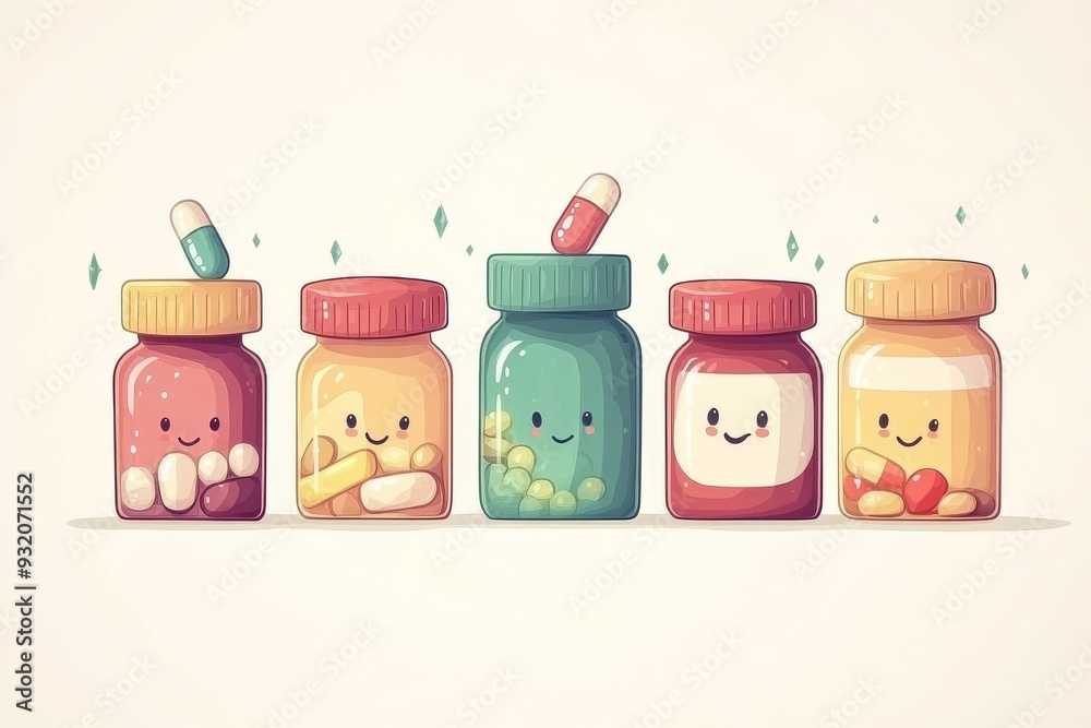 Cute and Happy Pill Characters in a Row on a Light Beige Background for ...