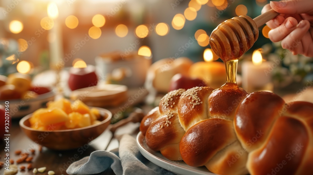 Festive Rosh Hashanah table with traditional foods like apples, honey ...