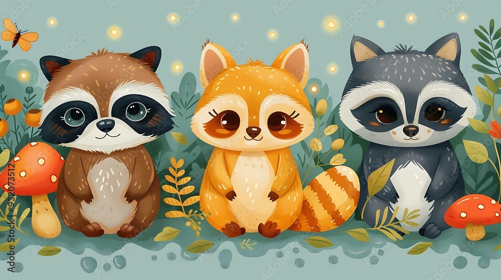 A seamless pattern of charming cartoon raccoons and owls exploring a ...