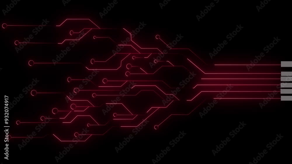 4k 3d Circuit Board with neon line moving electrons Data Flow Loop Background Animation ...
