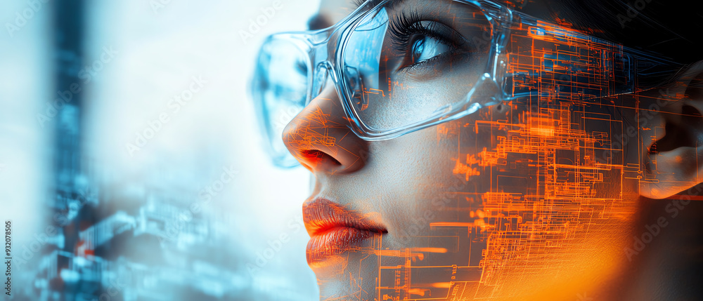 Engineer s face with blueprints and design concepts in a double ...