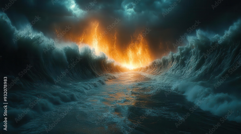 biblical epic moses parting red sea dramatic stormy sky massive ...