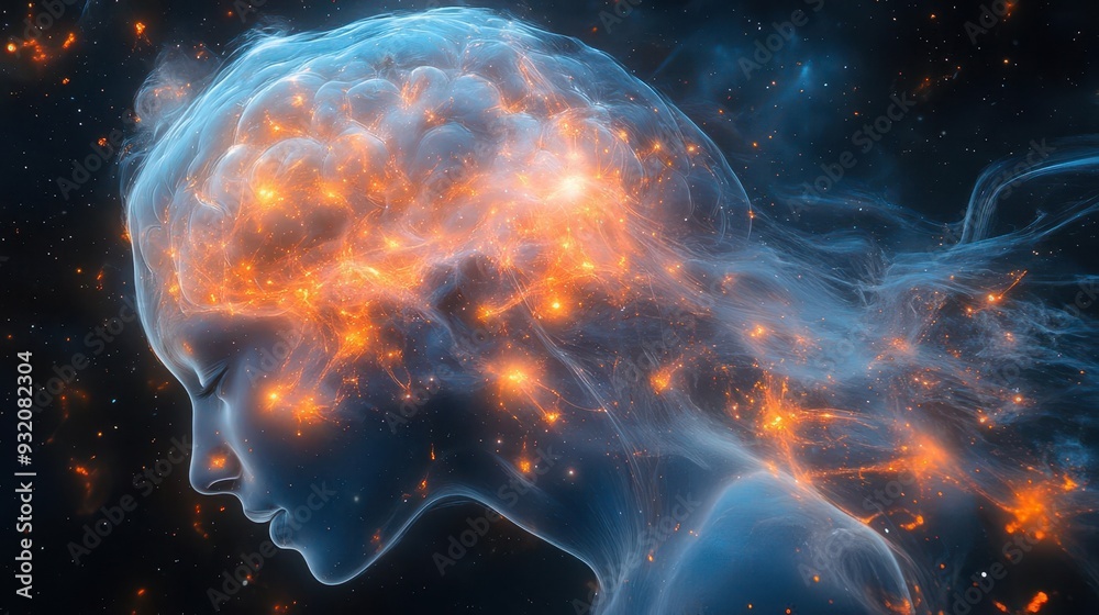 bioluminescent nebula forming the shape of a human brain with synapses ...