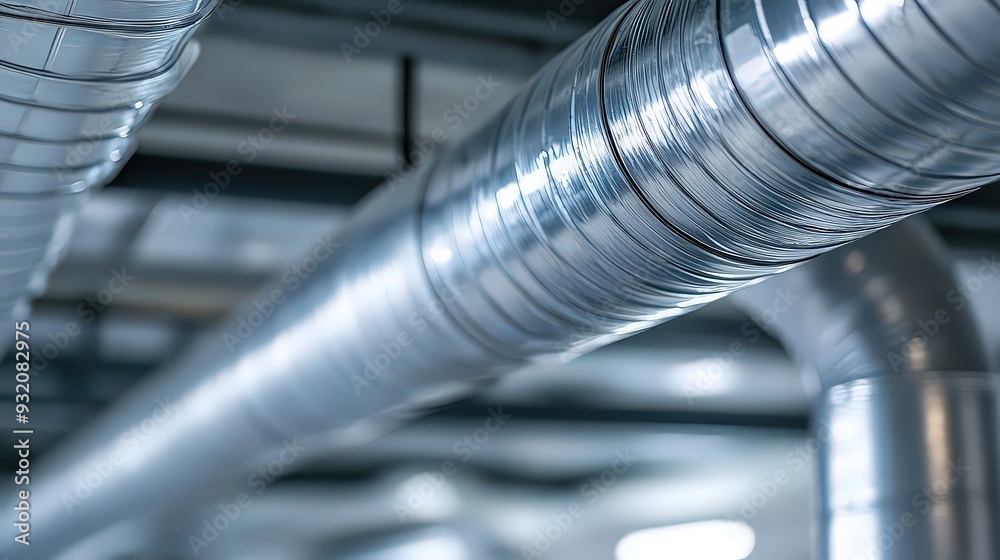 close-up of interconnected metal ducts in a commercial building ...