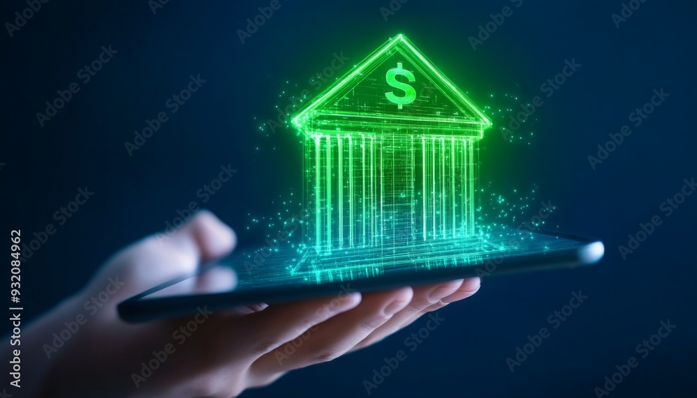 Digital Banking Security. A glowing 3D bank building icon rendered in a ...