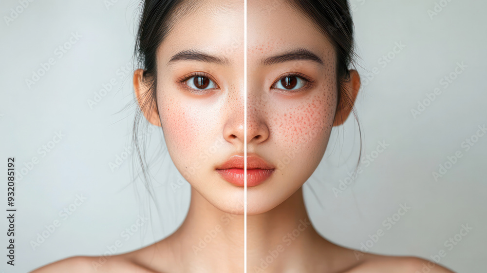 The two faces are of a woman with a red rash on her face. The left face ...