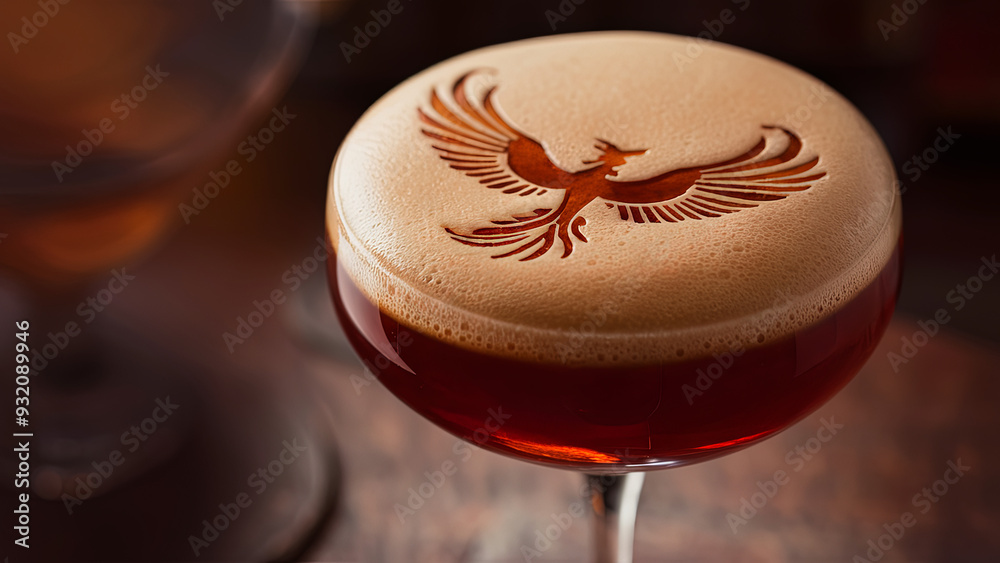 Luxurious cocktail with phoenix foam art in a coupe glass, set on a ...
