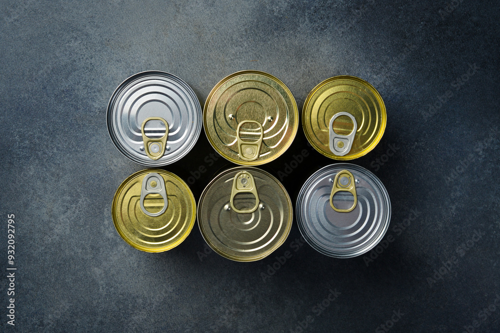 Aluminum cans with canned goods. A large set of canned goods in cans ...