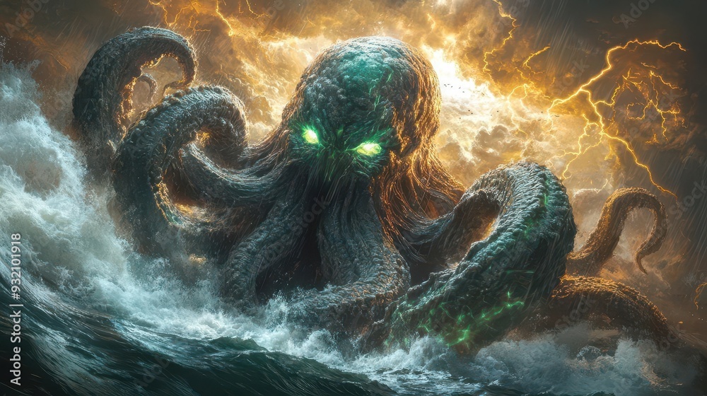 colossal cthulhu emerging from stormy sea tentacles writhing against ...