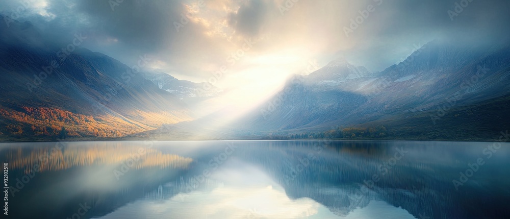Dramatic light shaft descending from the sky onto a tranquil mountain ...