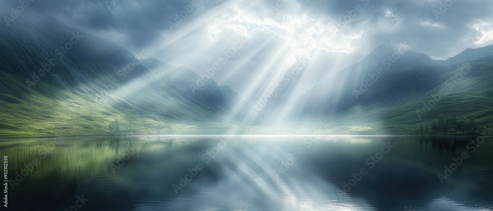 Dramatic light shaft descending from the sky onto a tranquil mountain ...