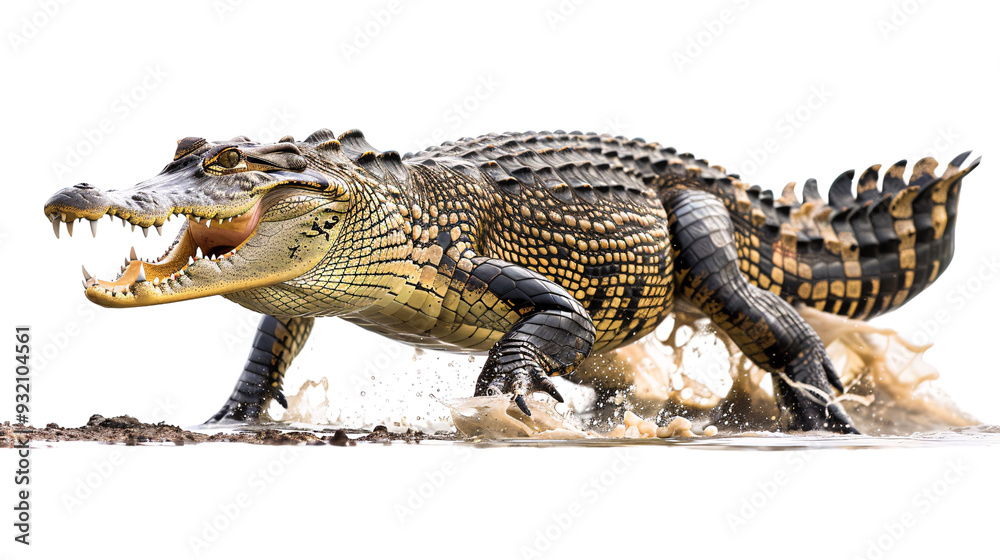 Crocodile snapping its jaws at a passing animal near the water's edge ...
