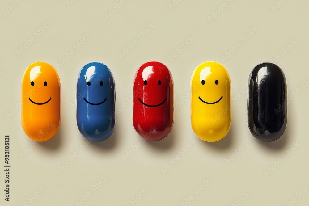 Colorful pill characters with different expressions on a soft beige ...