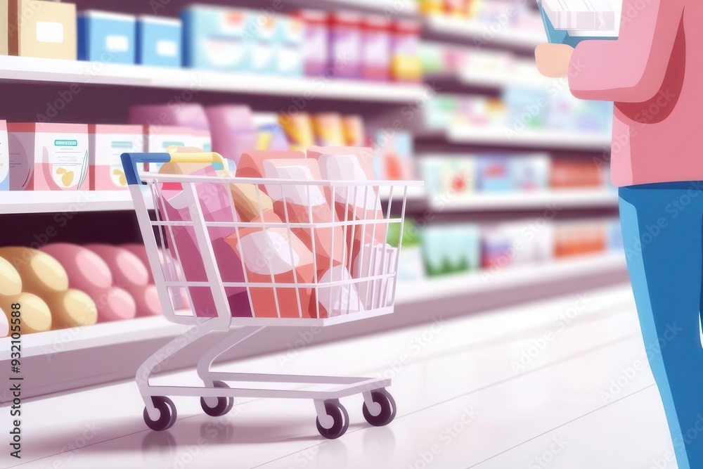 Busy supermarket with full shopping carts and trolleys, aisles of ...