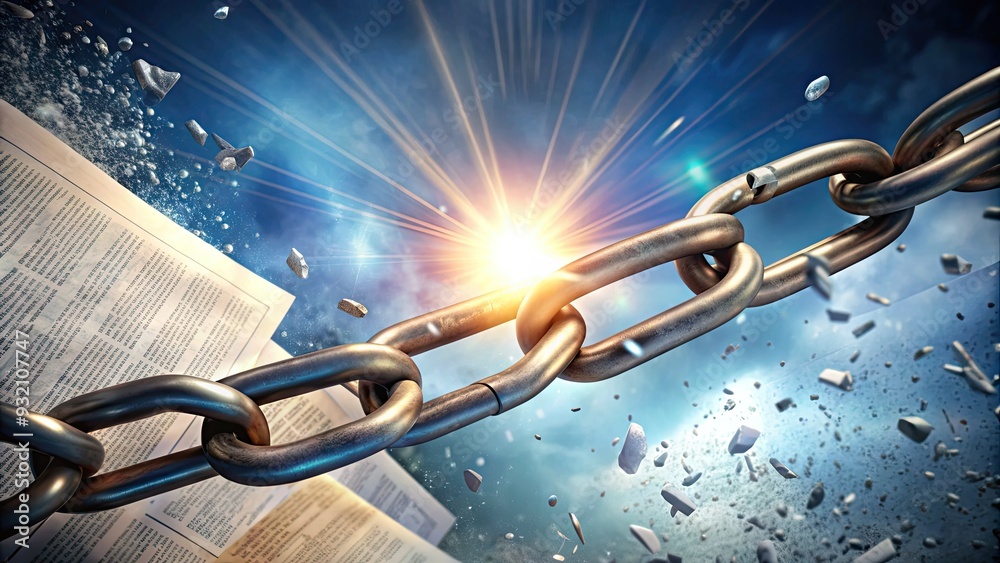 Freedom concept illustrated with broken chains and a torn contract ...