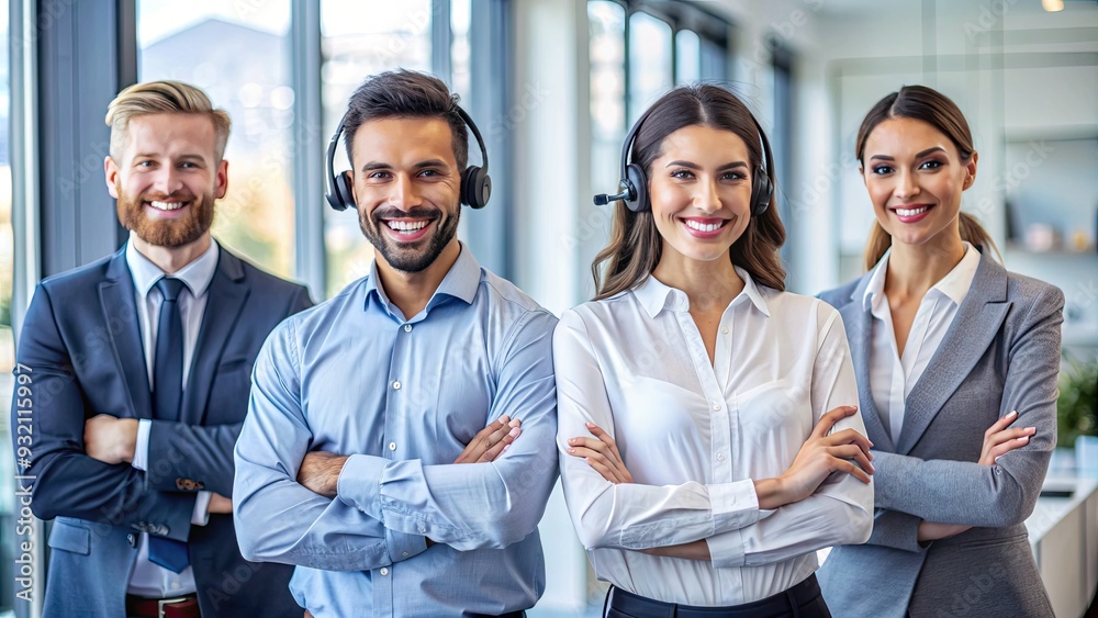 Poster Friendly customer service representatives stand together, smiling, with arms crossed ...