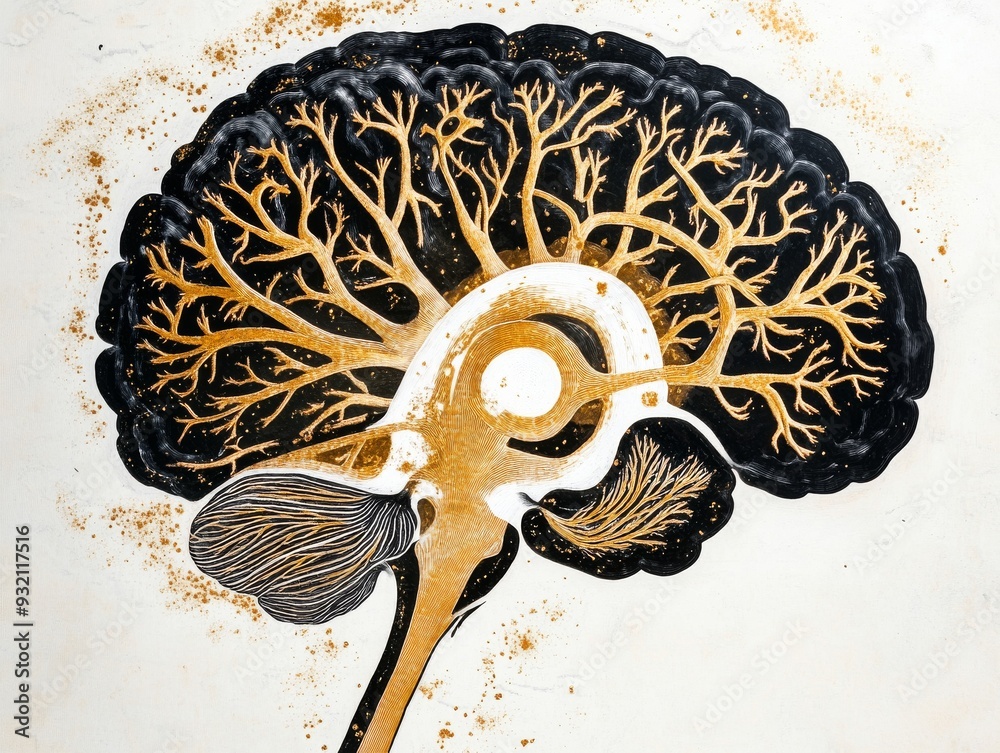 image of a brain showing the prefrontal cortex, black, white, and gold ...