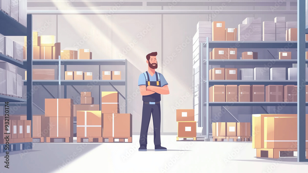 warehouseman in warehouse, vector illustration in a flat style cartoon ...