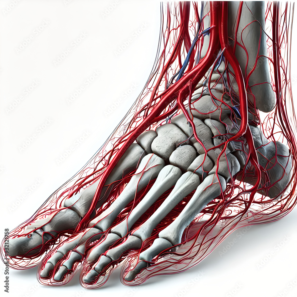 Detail human foot anatomy: emphasizing vascular and tendinous ...