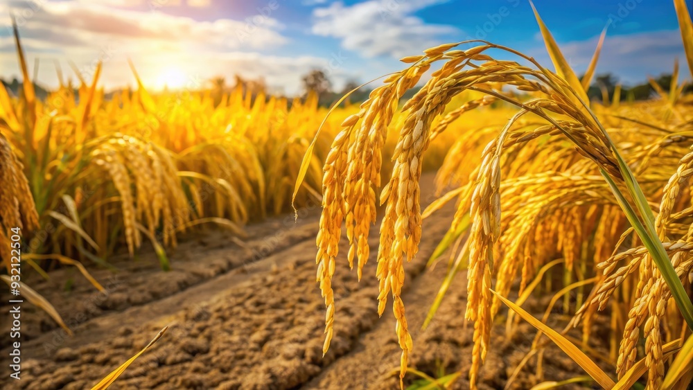Golden grains of rice scattering down from wilting stalks in a parched ...