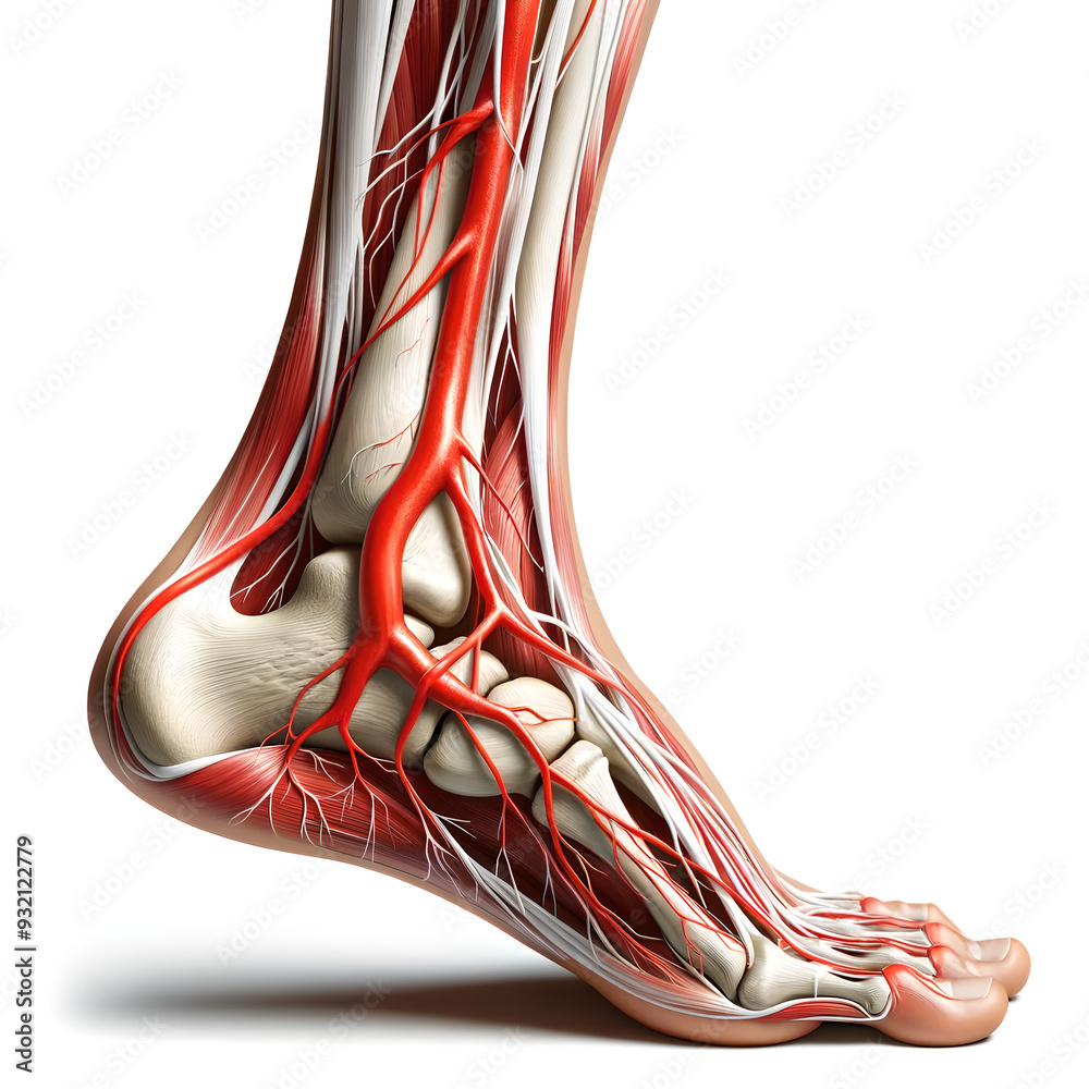 Detail human foot anatomy: emphasizing vascular and tendinous ...