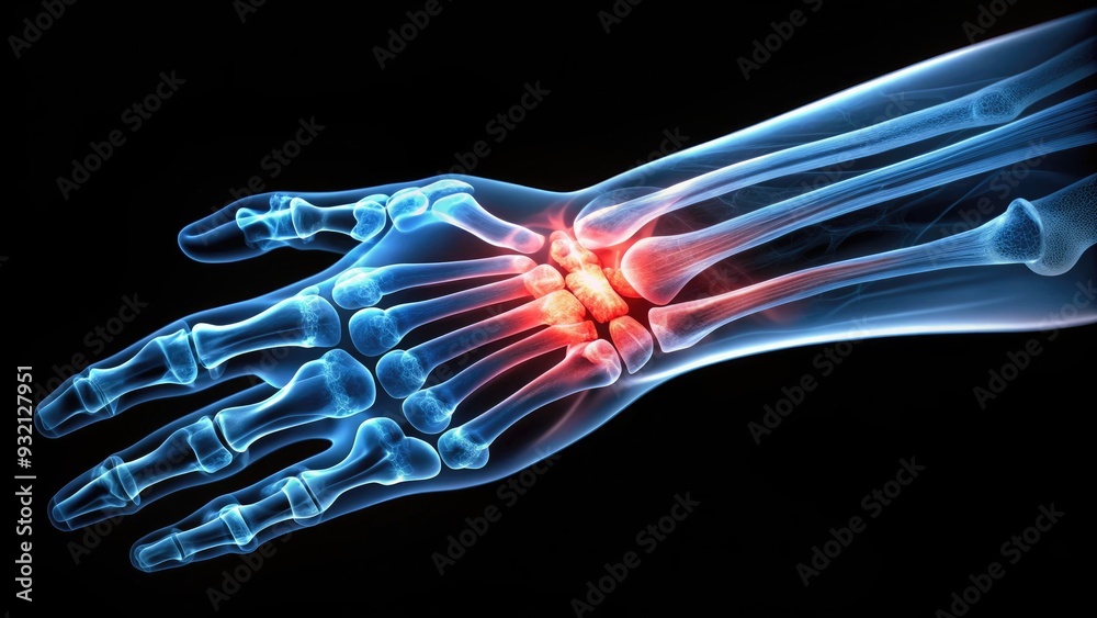 High-contrast X-ray image of a human wrist joint, showcasing intricate ...