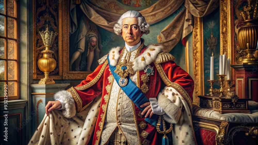 Historic portrait of an 18th century European monarch adorned in ornate ...