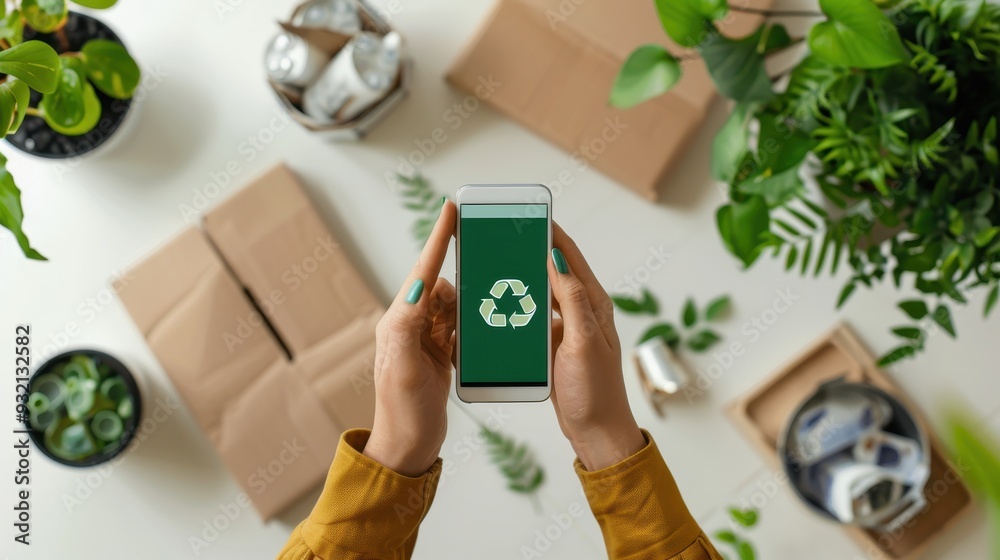 Modern Woman Utilizing Smartphone App for Efficient Waste Sorting and ...