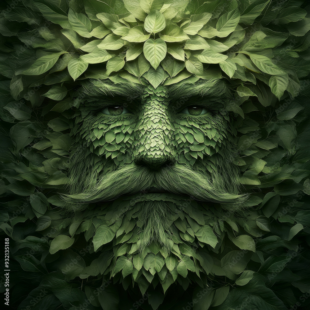 3D green man made of leaves, with leafy hair and beard, a symmetrical ...