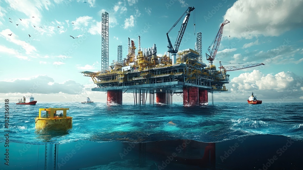 Modern offshore construction vessel surrounded by complex machinery and ...