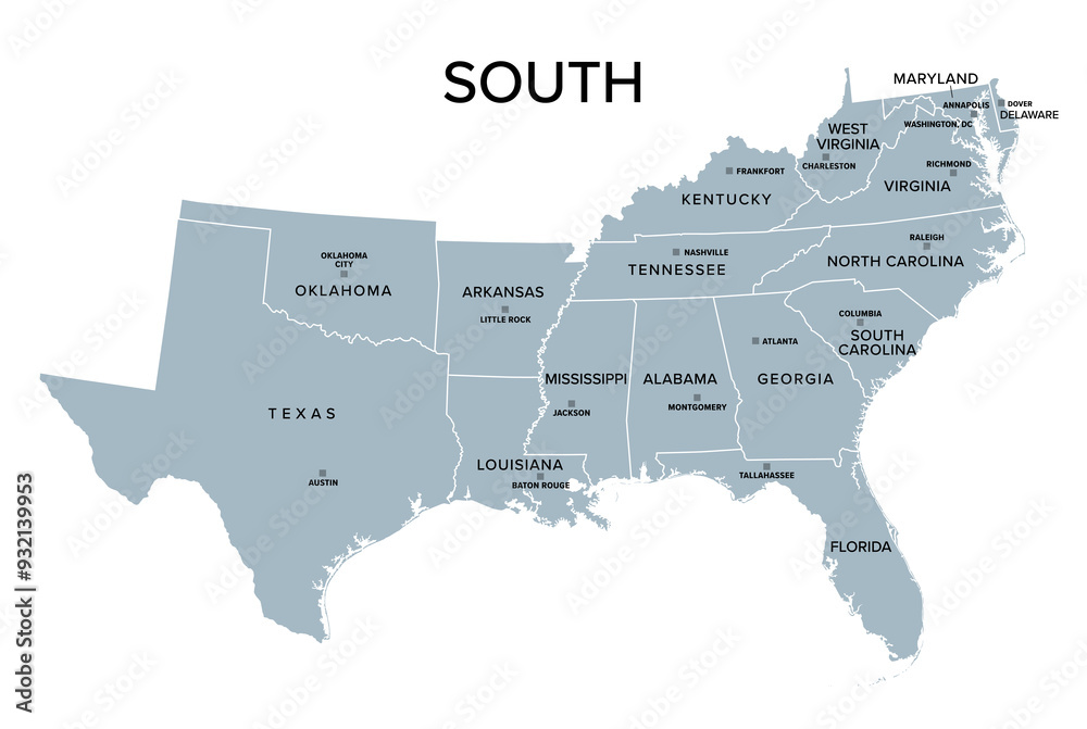 South, census region of the United States of America, gray political ...