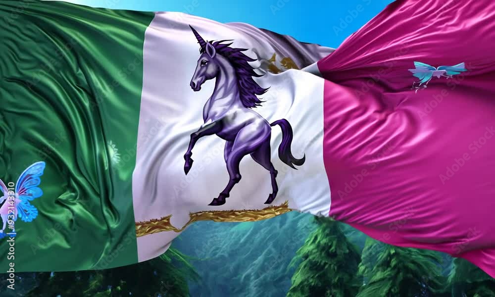 "Create a flag for an enchanted forest, with a unicorn and fairies ...
