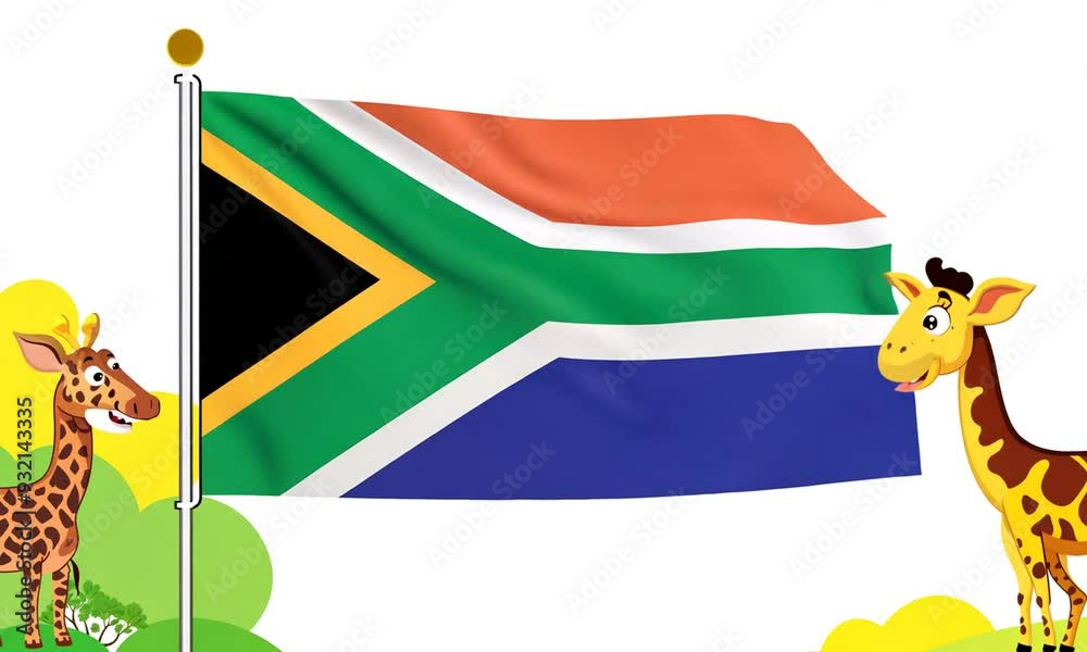 "Design a cartoon version of the South African flag, with animals like ...