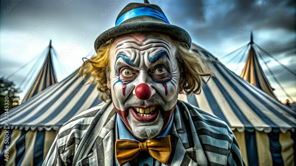 Creepy clown with an unsettling grin in front of a circus tent ...
