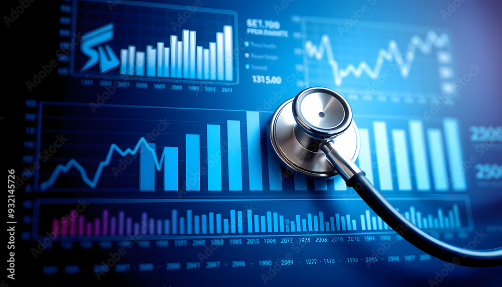 medical statistics and graphic charts with stethoscope isolated with ...