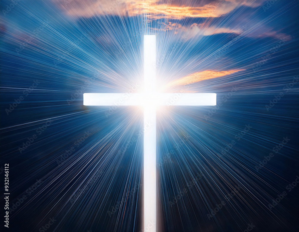 Cross of Jesus Christ with rays of light coming out of the clouds ...