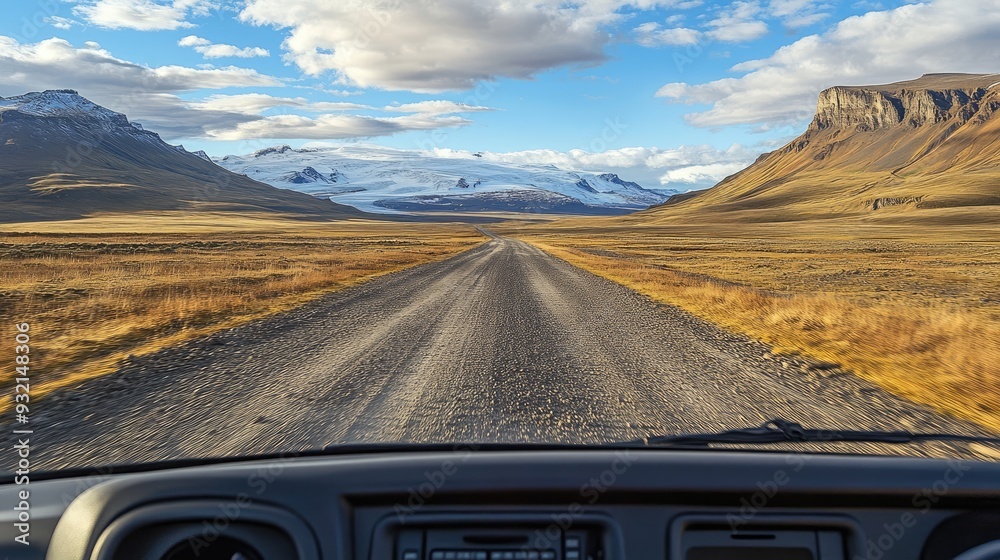 A view of a long road in Iceland. The photo shows a view from a car on ...