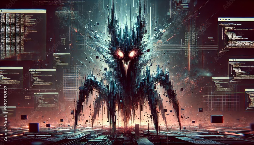 digital monster representing a computer virus, composed of fragmented ...