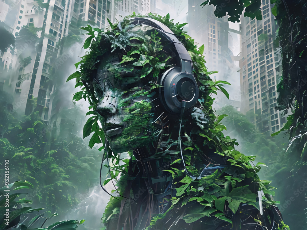 A stunning blend of nature and technology, depicting a colossal goddess ...