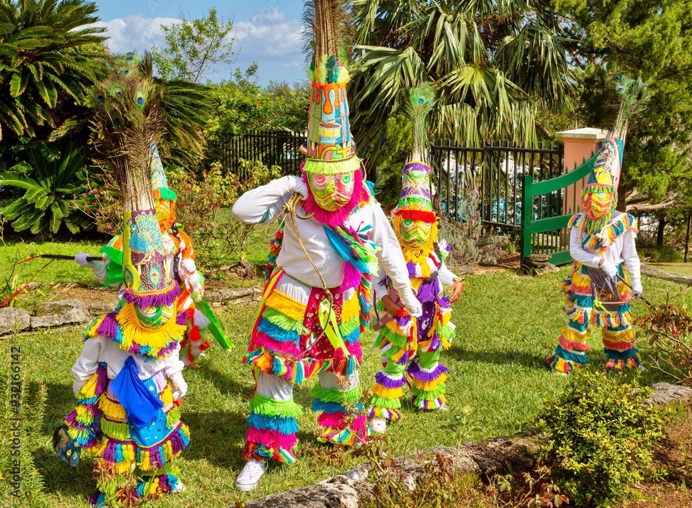 Gombey dancers, traditional performers, in troupes of 10 to 20, of a ...
