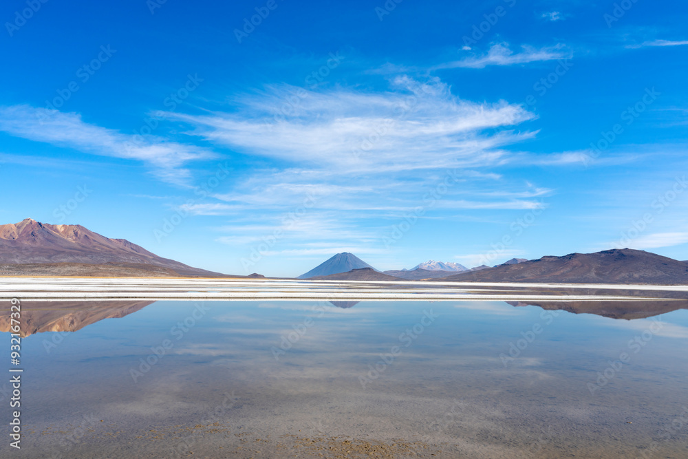 Reflection pool on salt flats and distant views of El Misti and ...