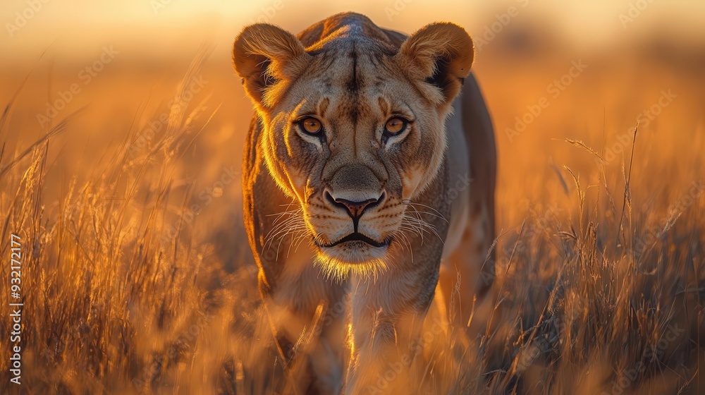 fierce lioness stalking through tall savanna grass muscular body tense ...