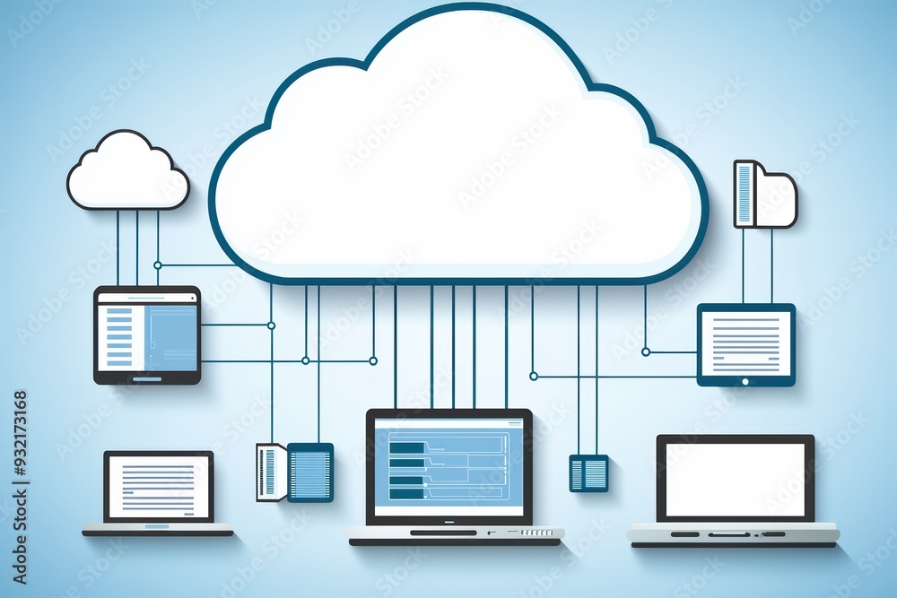 Modern cloud computing illustration with devices connected to a cloud, depicting data storage ...
