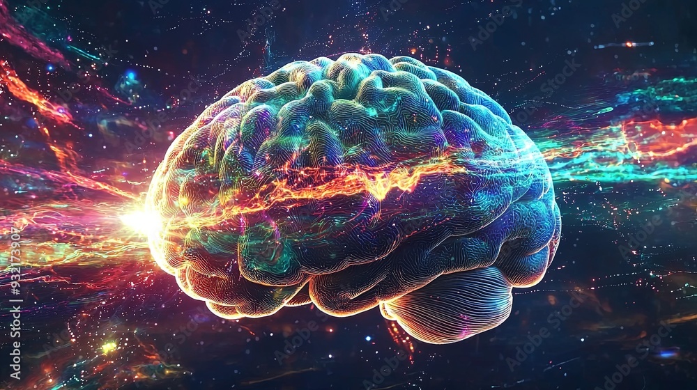 A high-resolution depiction of a brain with radiant sound waves and ...