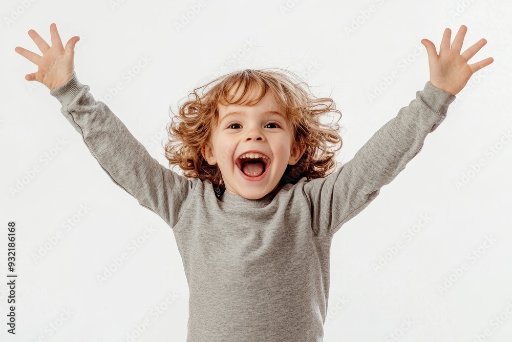 Excited Little Girl with Arms Raised in Celebration - A young girl with ...