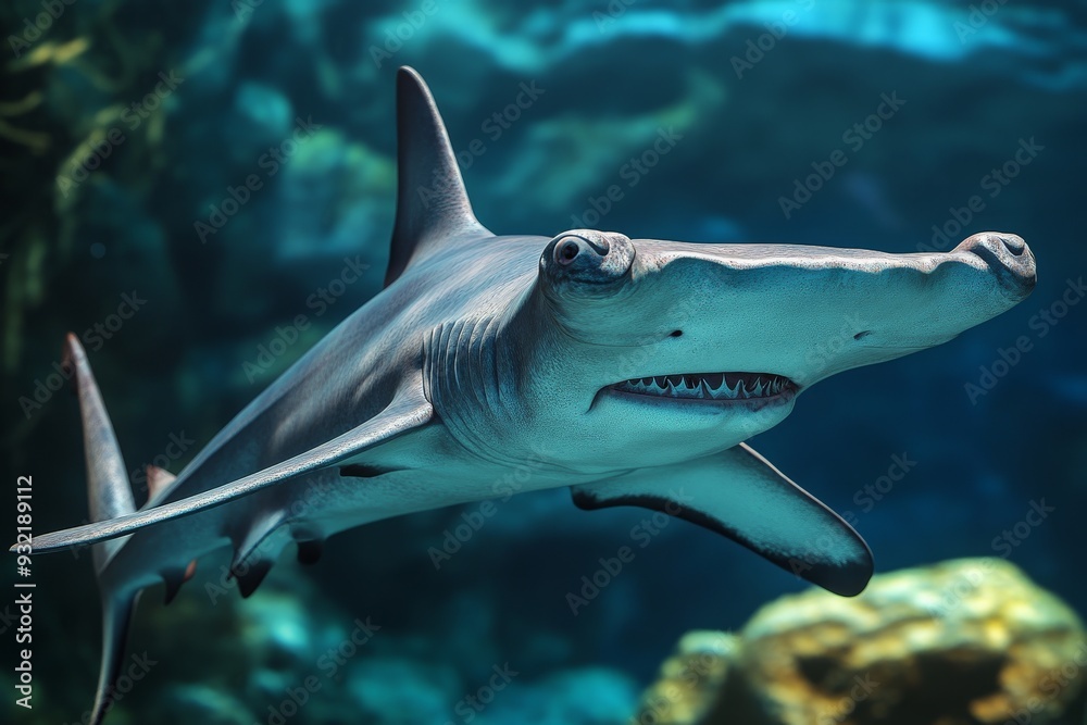Majestic Hammerhead Shark Swimming in Deep Blue Water - A close-up of a ...